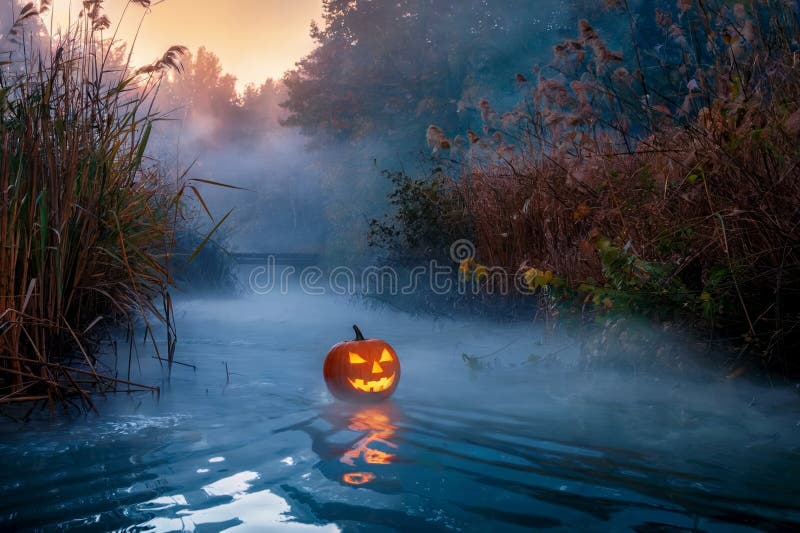 Jack-o -lantern Floating on a Misty River at Twilight in a Spooky ...
