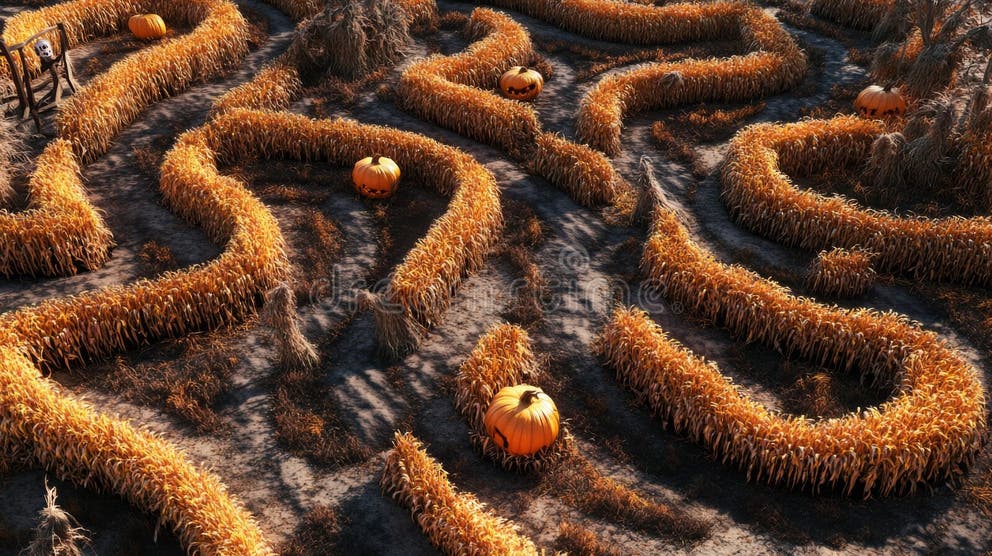 Jack-o -lantern Pumpkins in a Corn Maze Stock Illustration ...
