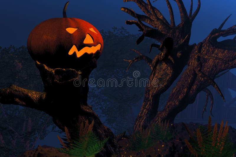 Jack O Lantern on a Tree Stump Stock Illustration - Illustration of ...