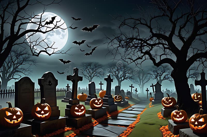 Jack O Lanterns Casting Eerie Shadows A Full Moon Illuminating A