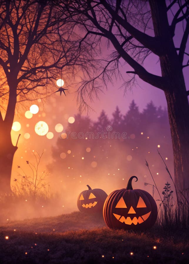 Jack-O -Lanterns on a Glowing Path in a Haunted Forest Under a Full ...