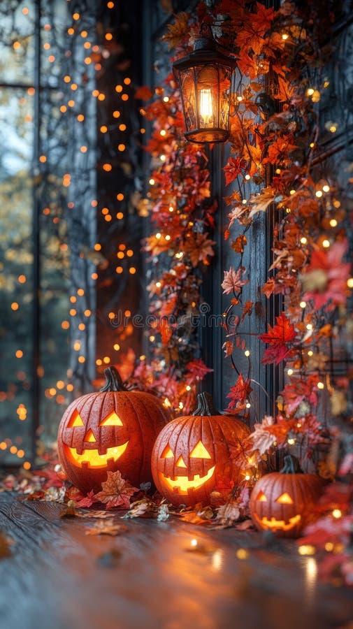 Jack-O-Lanterns on a Porch with Autumn Leaves and String Lights 3D ...