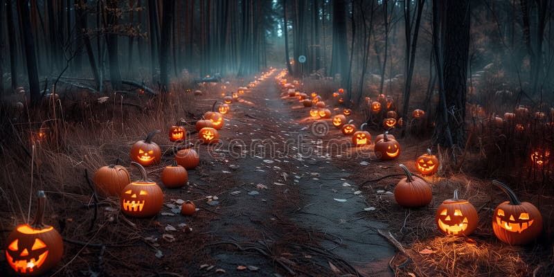 Jack OLanterns Illuminate a Dark, Misty Forest Path on a Halloween ...