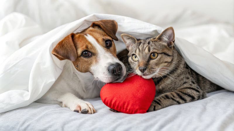 Jack Russell and Tabby S Valentine S Day Cuddle Under White Sheets with ...