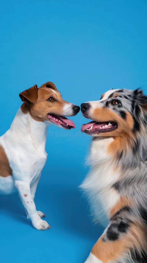 Jack Russell Terrier and Australian Shepherd Interacting in Studio ...