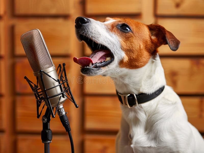 Jack Russell Terrier Dog Sings into a Microphone in a Music Studio ...