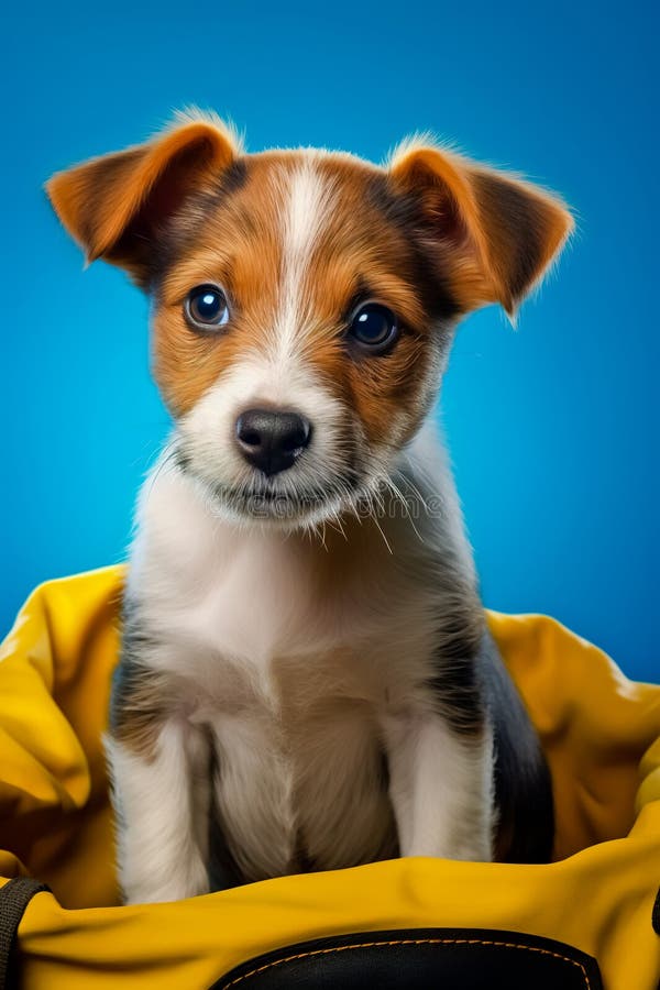 Jack Russell Terrier Puppy Sitting in Blue and Yellow Bag Stock ...