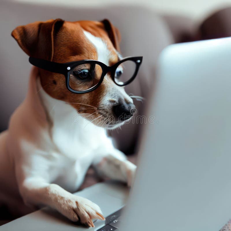 A Jack Russell Terrier Wearing Glasses Looking at a Laptop.Generative ...