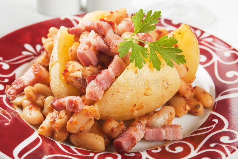 Jacket Potato with White Beans and Bacon Stock Image - Image of cuisine ...