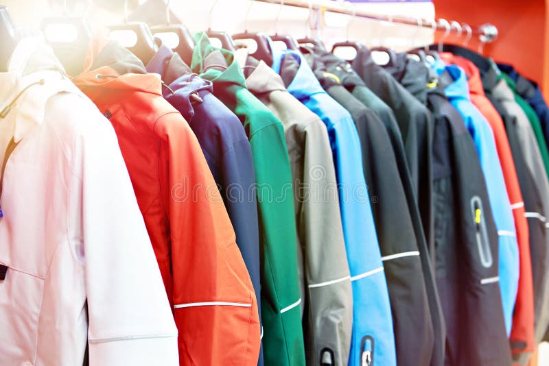 Jackets in store stock photo. Image of garment, clothing - 168625996