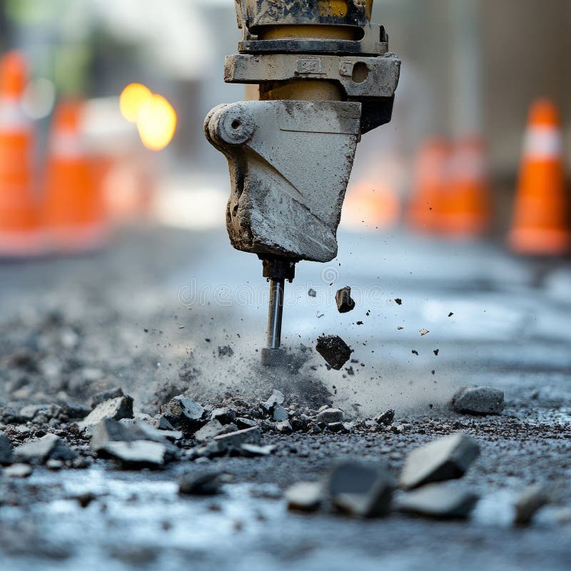 Jackhammer Breaking Concrete with Orange Cones in Background. Stock ...