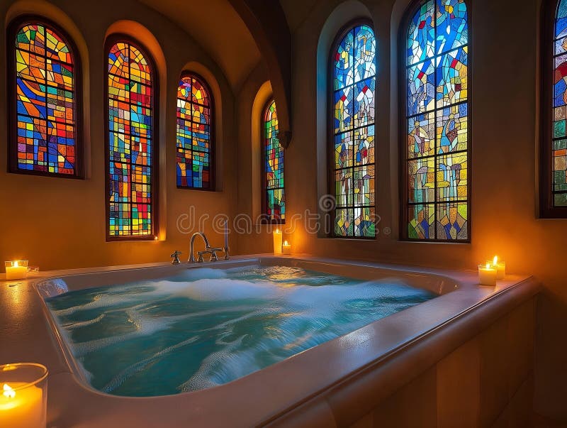 Jacuzzi in a Gothic Room with Stained-glass Windows, Candlelight, and ...