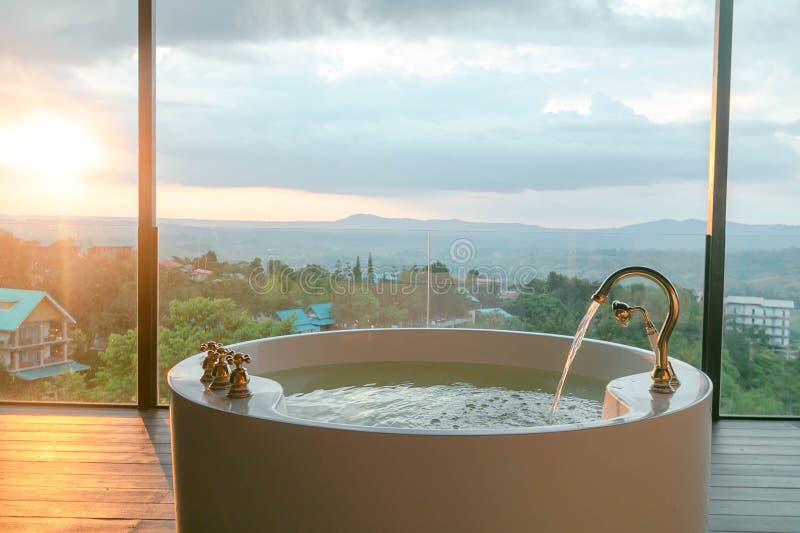 Jacuzzi with mountain view stock image. Image of design - 62967283
