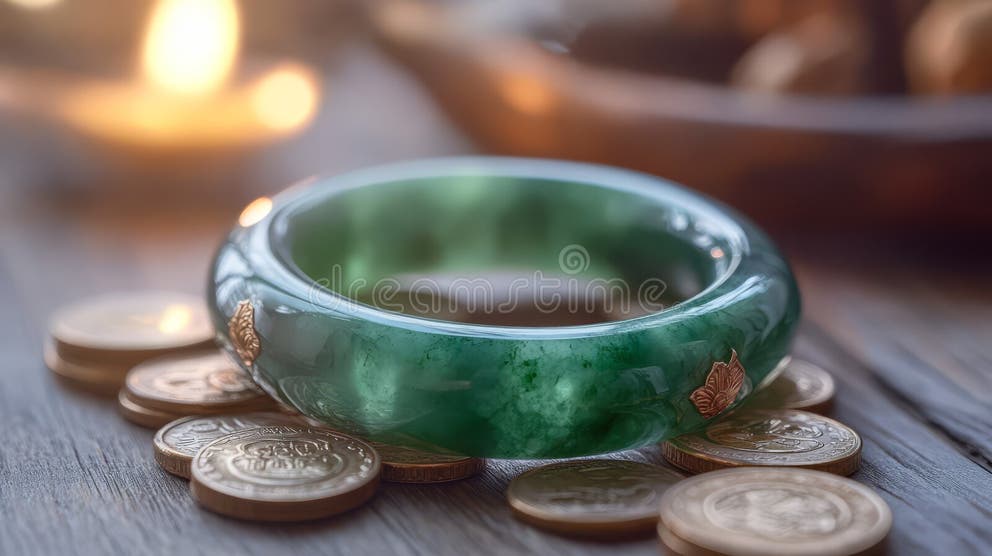 Jade Bangle on Coins Illuminated by Soft Light Indicating Prosperity ...