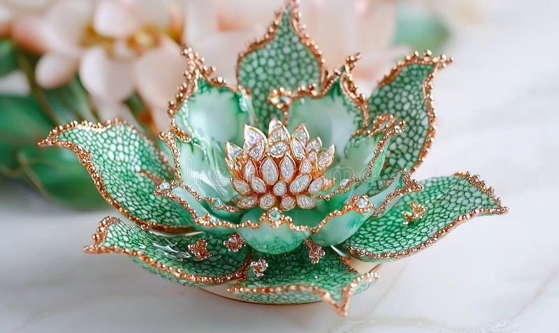 Jade Lotus Flower Ring with Diamonds on Marble, Floral Background Stock ...