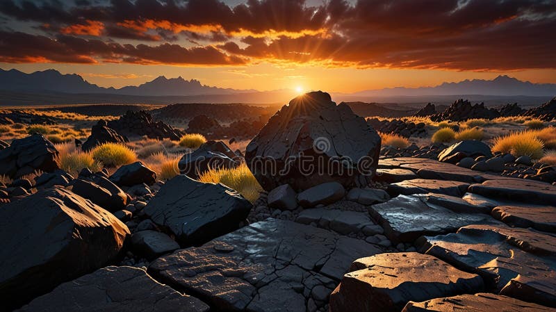 Jagged Basalt Rock Surface Under a Dramatic Sunset, with the Warm ...