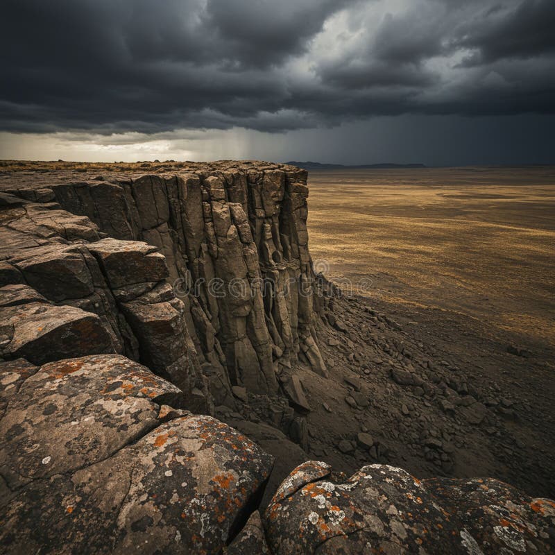 Jagged Cliff Formations Overlook a Vast, Barren Plain Under a Dramatic ...
