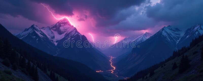 Jagged Lightning Illuminates Dark Mountain Valley , Low Key, Ominous ...