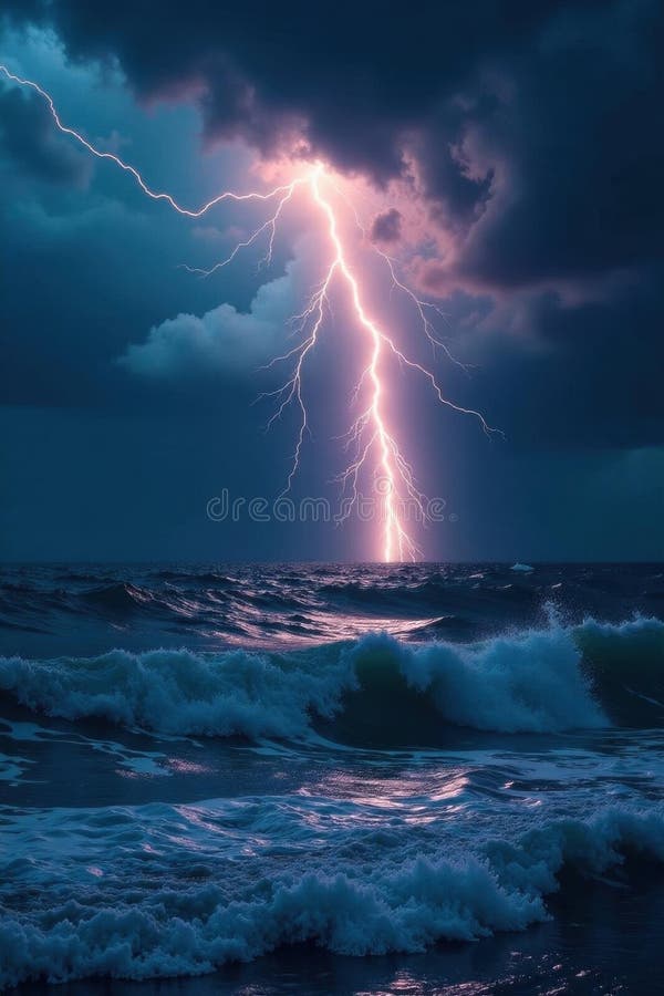 Jagged Lightning Strikes a Raging Sea, Black Clouds Swirl Overhead ...