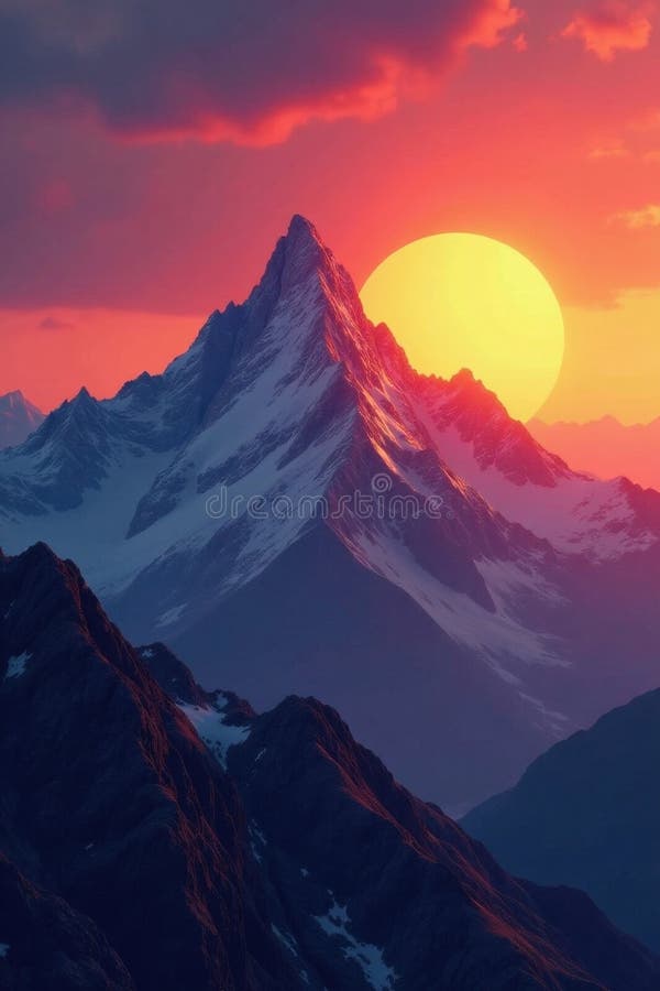 Jagged Peaks Outlined by a Blazing Sunset Sky, Red, Rocky Stock ...