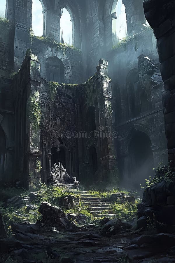 A Jagged Rock Throne Rests in an Ancient Ruin, Illuminated by Soft ...