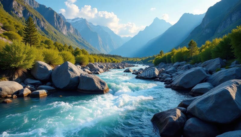 Jagged Rocks Fast Flowing River Distant Peaks Rugged Texture Stock ...
