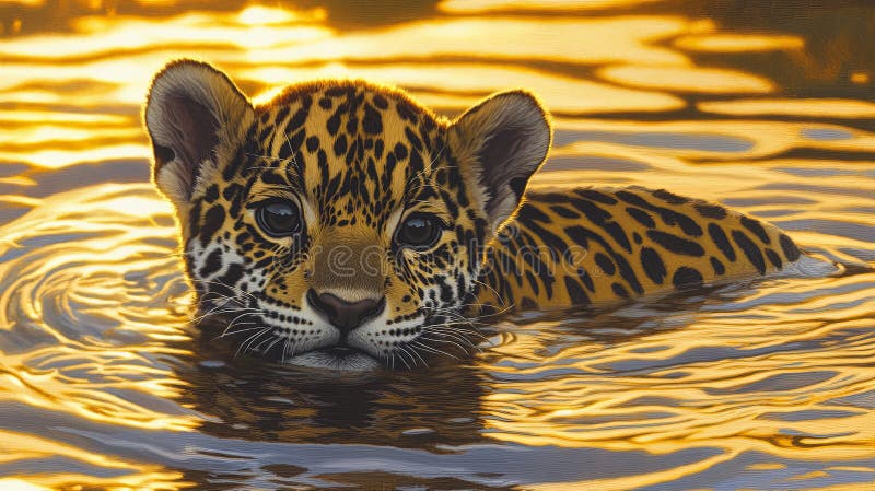 Jaguar Cub in Sunset Float, Golden Pool Light . Stock Photo - Image of ...