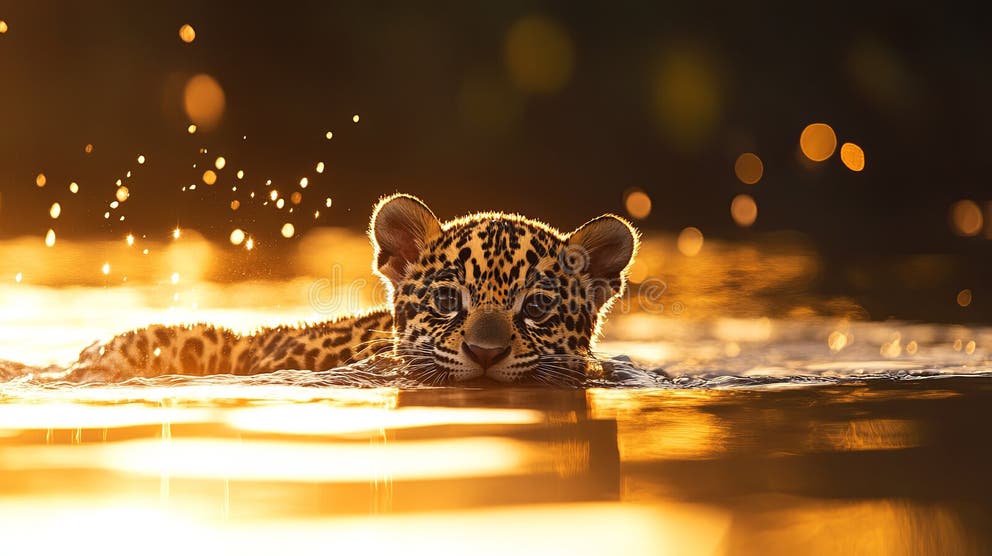 Jaguar Cub in Sunset Float, Golden Pool Light . Stock Photo - Image of ...