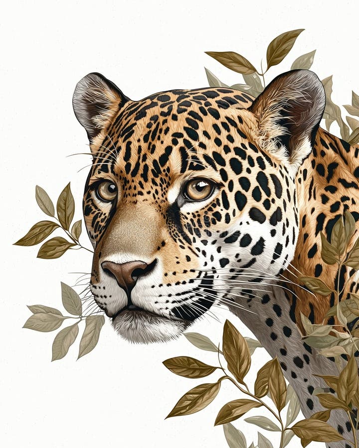 Jaguar Head Surrounded by Leaves Stock Illustration - Illustration of jaguar, ferocious: 349579168