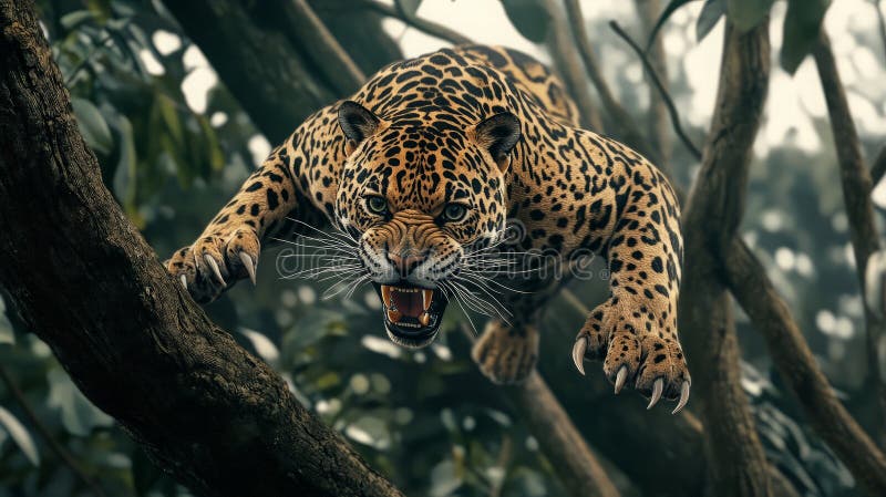 Jaguar Leaping through the Jungle Stock Photo - Image of brown, hunt ...