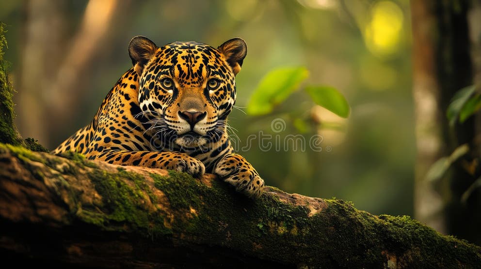 The Jaguar, Looking Calm and Alert, Rests on a Tree Branch in the ...