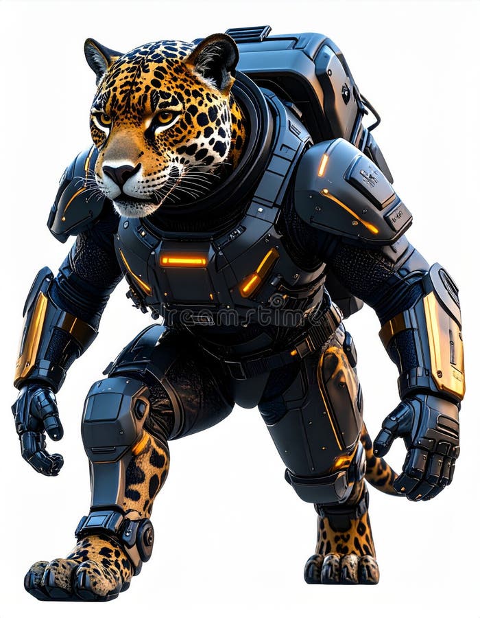 Jaguar Robot in Black and Orange Armor Standing with Futuristic ...