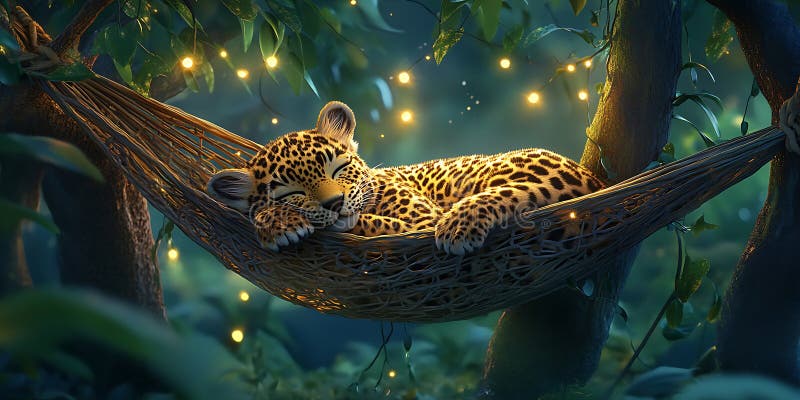 Jaguar Sleeping in Enchanted Forest Firefly Night Digital Art Stock ...