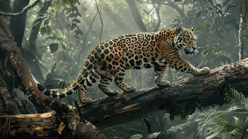 Jaguar Walking Across a Fallen Tree Trunk in the Jungle Stock ...