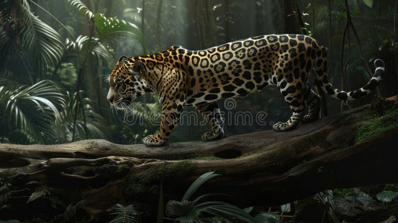Jaguar Walking Across a Fallen Tree Trunk in the Jungle Stock ...