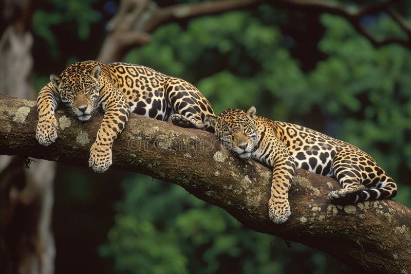 Jaguars Lounging on a Tree Branch Stock Illustration - Illustration of ...
