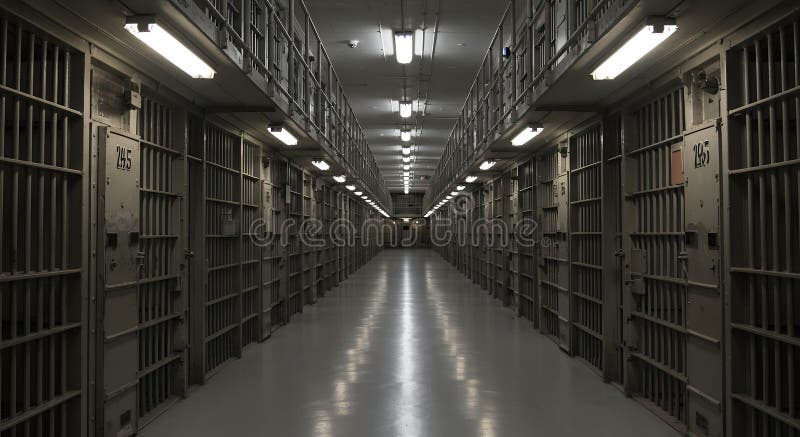 Jail Cell Blocks a Perspective View of Corridor with Barred Prison ...
