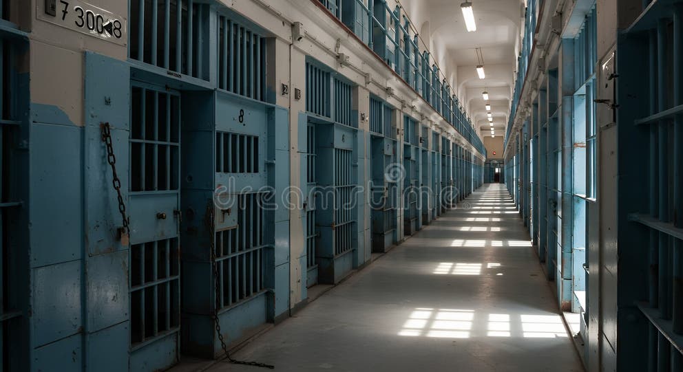 Jail Corridor with Blue Bars, Capturing the Loneliness and Confinement ...