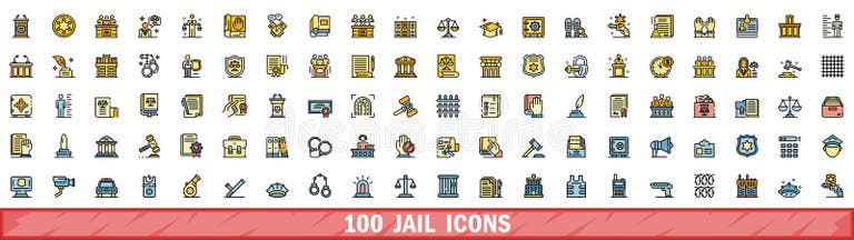 100 Jail Icons Set, Color Line Style Stock Illustration - Illustration ...