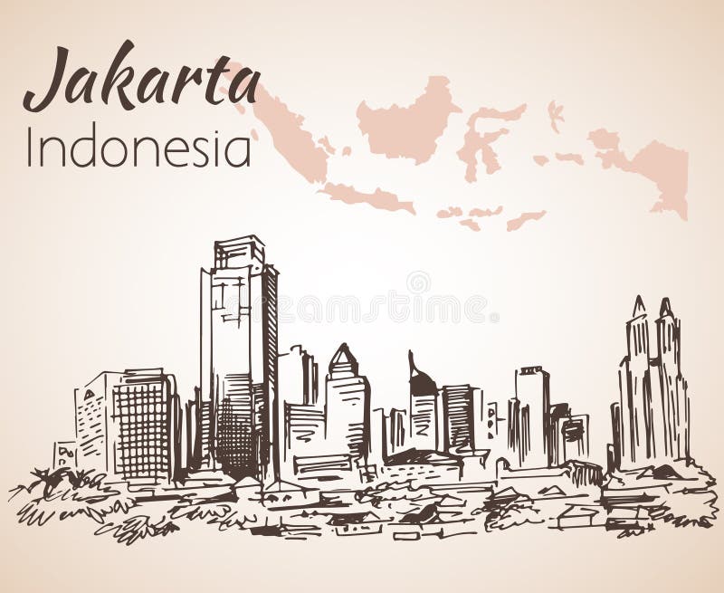 Jakarta Cityscape Sketch with Map. Stock Vector - Illustration of ...