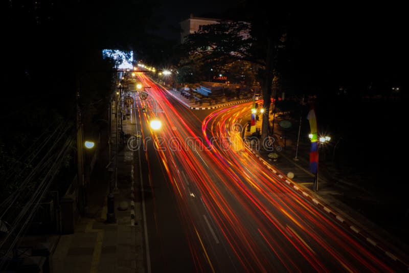 Jalan Merdeka Bandung at Night with Light Trails Photography Editorial ...