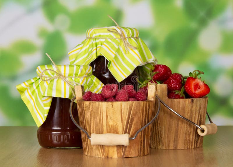 Jam in Banks a Bucket of Raspberry Stock Image - Image of fruit ...