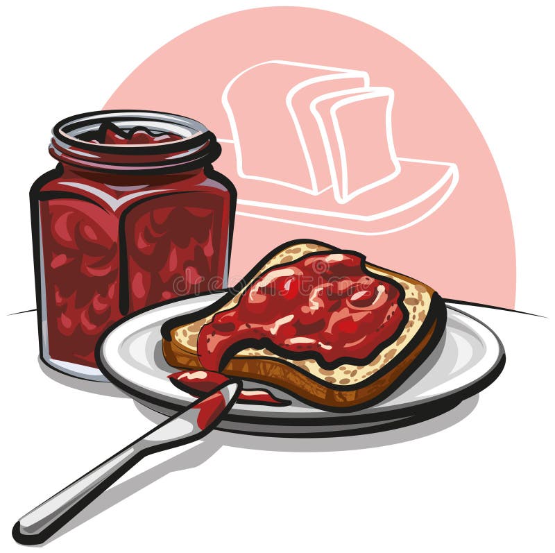Two Slices of Bread with Butter and Strawberry Jam on Plate. Sweet and ...