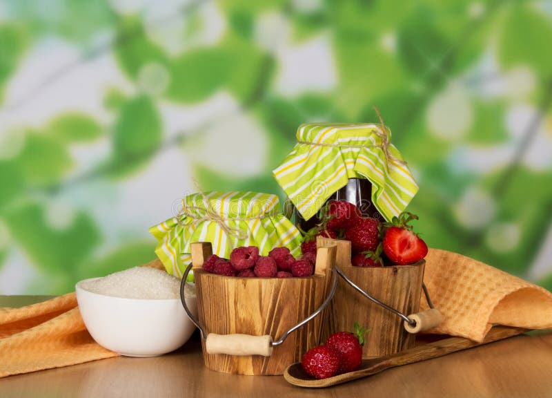 Jam, Buckets with Raspberry and Strawberry Stock Image - Image of fruit ...