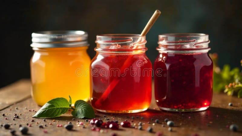 Jam of Different Types Stands on a Wooden Table Stock Image - Image of ...