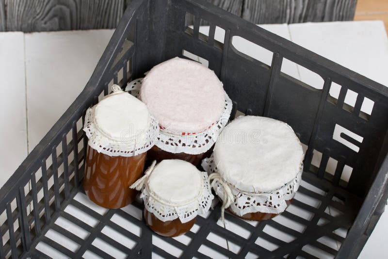 Jam in Glass Jars. Stands in a Box Stock Image - Image of delicious ...