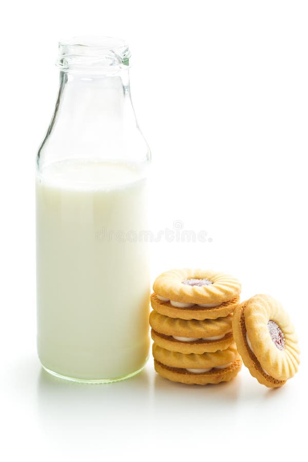 Jam Ring Biscuits and Bottle of Milk. Stock Photo - Image of round ...