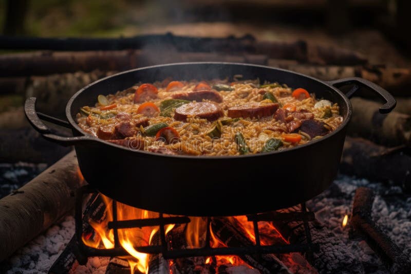 Jambalaya Cooking Over Open Fire in Cast Iron Pot Stock Illustration ...
