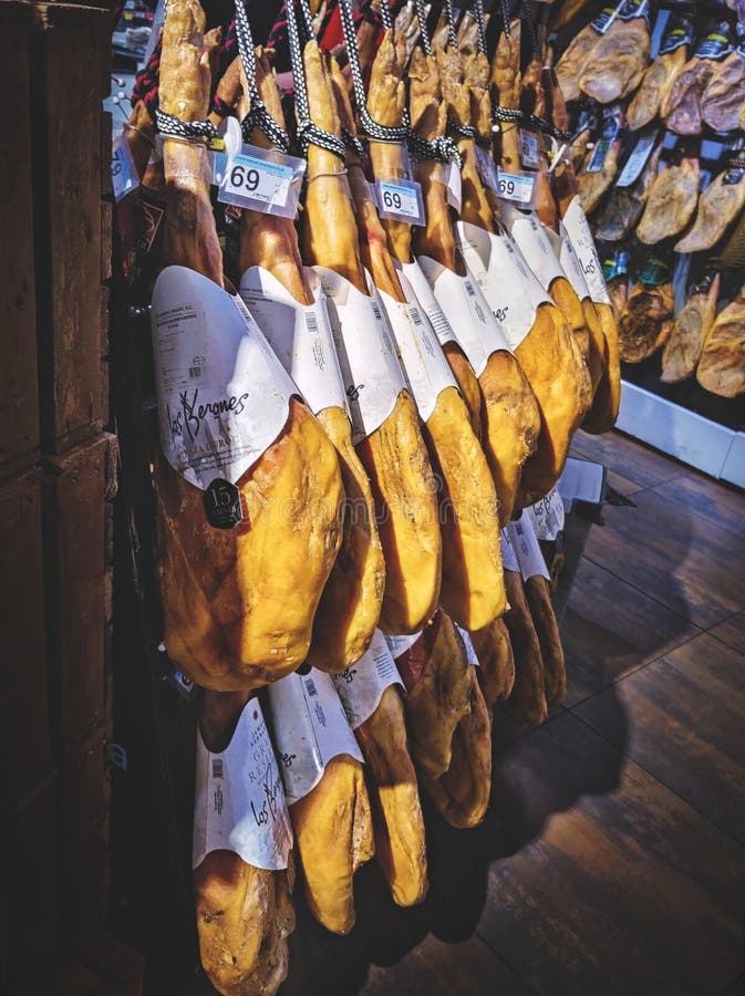 Jamon legs in the store editorial stock photo. Image of store - 263551203