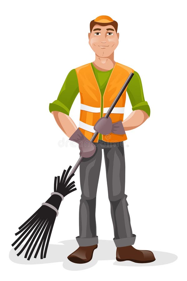 Janitor with a Broom. Vector Illustration Stock Vector - Illustration ...
